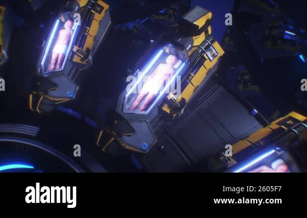 futuristic laboratory with cryocapsules with sleeping peoples. Cryo ...