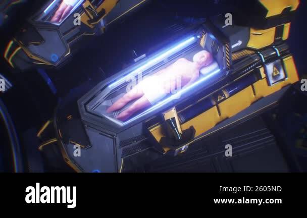 futuristic laboratory with cryocapsules with sleeping peoples. Cryo ...