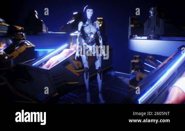 futuristic female robot in laboratory with cryocapsules with sleeping ...