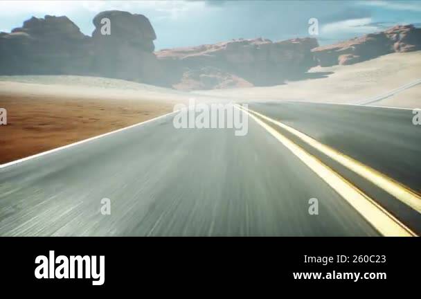 camera flight over desert highway. Realistic 4k animation Stock Video ...