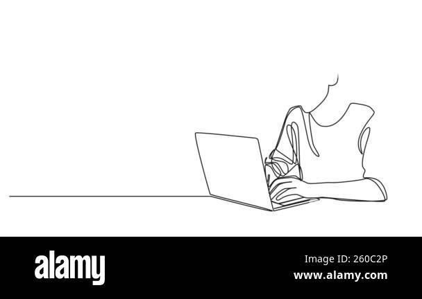 animated continuous line drawing of male student using laptop computer ...