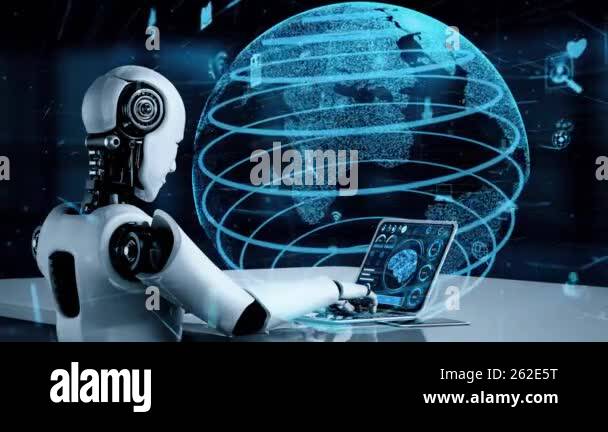 Internet connection controlled by AI robot huminoid and machine learning process to analyze data ...