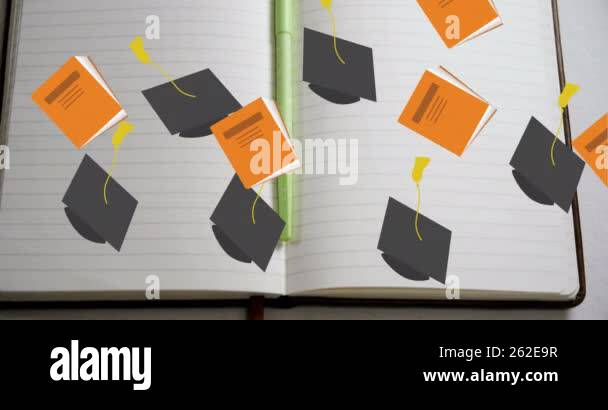 Open notebook lies on a desk in a school setting, surrounded by ...