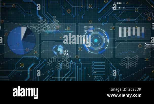 A complex digital interface displays futuristic technology. It features ...