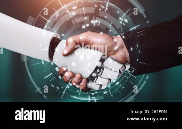 3D rendering hominoid robot handshake to collaborate future technology development by AI ...