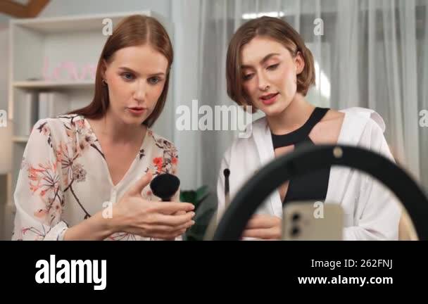Two influencer partner shoot live streaming vlog video review makeup ...