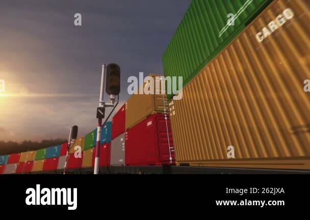 Cargo transport import export containers on a railway freight wagons ...