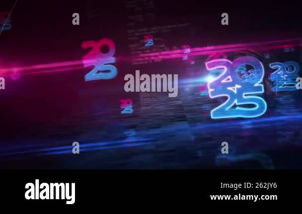 2025 year symbol on looped abstract digital background. Flight by 3d icons cyber technology ...
