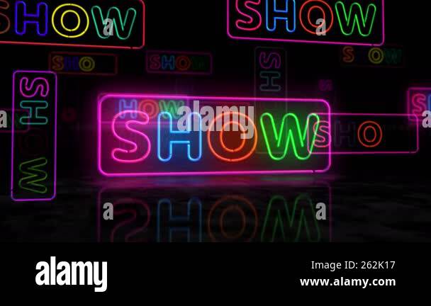 Show time event neon glowing symbol. Light color bulbs. Showtime ...