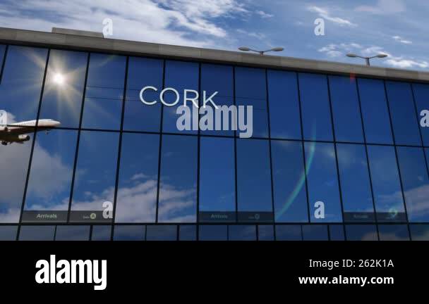 Plane landing at Cork, Ireland. Arrival in the city with the glass ...