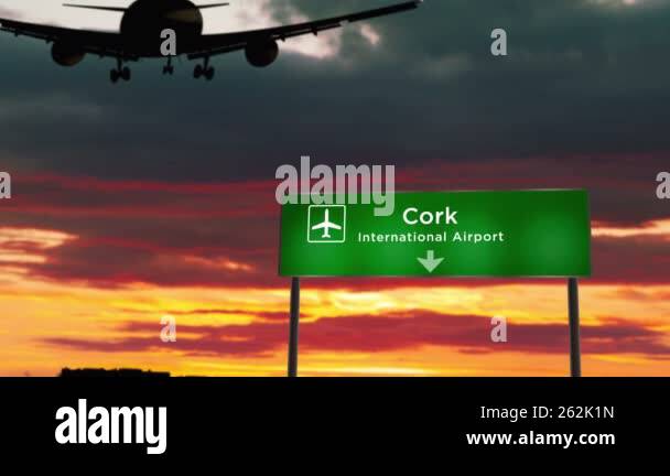 Airplane silhouette landing in Cork, Ireland. Plane city arrival with ...