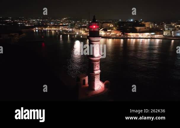 Chania town by night, Lighthouse, Drone shot, Crete, Greece, Aerial ...
