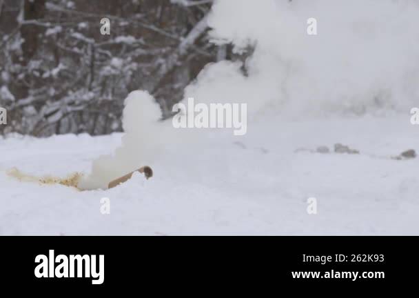 Smoke bomb burning on forest glade at winter, spreads smog. Military ...
