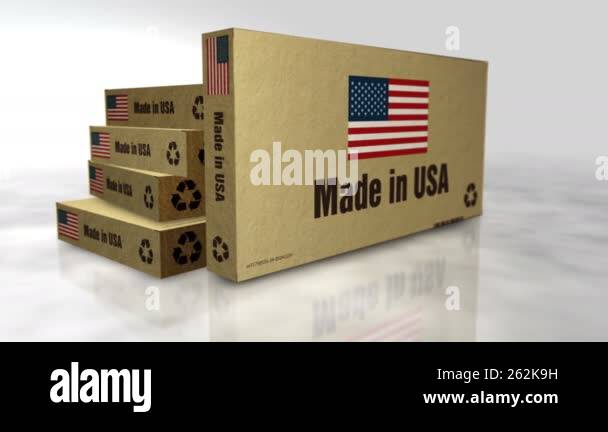 Made in USA box. American export import Cardboard pack abstract concept ...