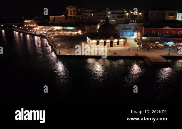 Chania town by night, Drone shot, Crete, Greece, Aerial view of Chania ...