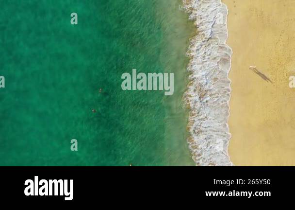 Tropical beach aerial view, Top view of waves break on tropical yellow ...