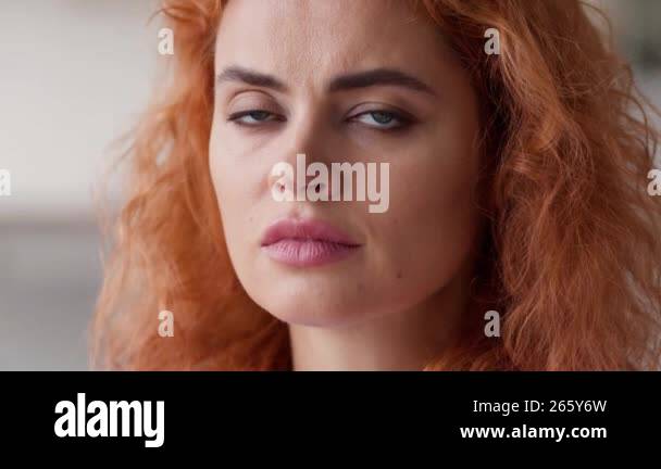 Close up portrait at home pensive thoughtful sad upset frown serious ...