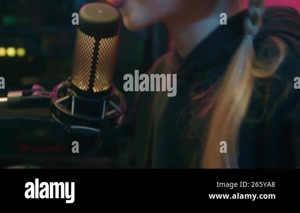 Rejoice little Caucasian girl teenager gamer streamer child kid ...