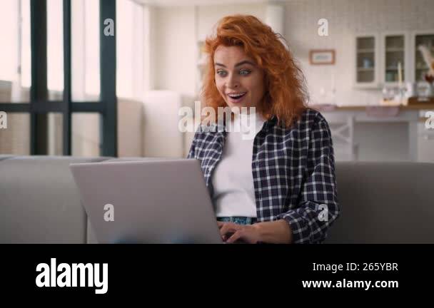 Smiling happy user lady celebrate virtual winning amazed shocked chat ...