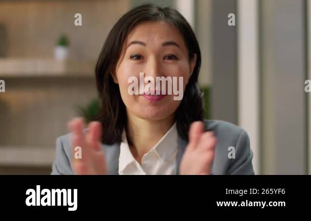 Smiling Asian business woman satisfied happy businesswoman employer ...