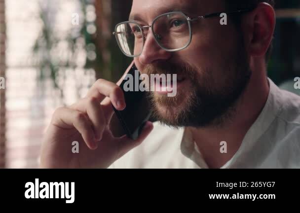 Close up joyful Caucasian agent male employer worker conversation man ...