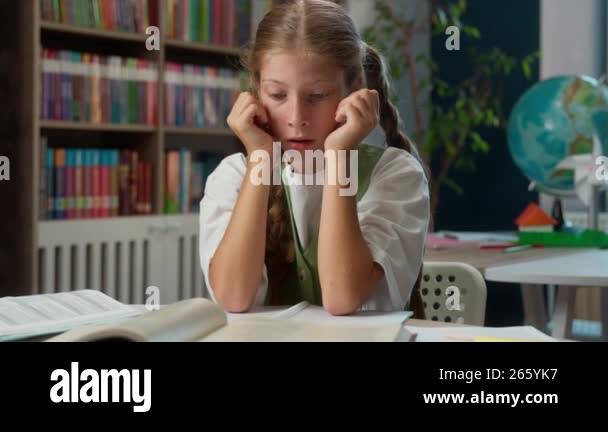 Overwhelmed Caucasian little girl worried student child school kid ...