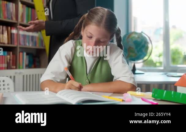 Angry strict teacher professor woman tutor supervising controlling naughty bad behavior little ...