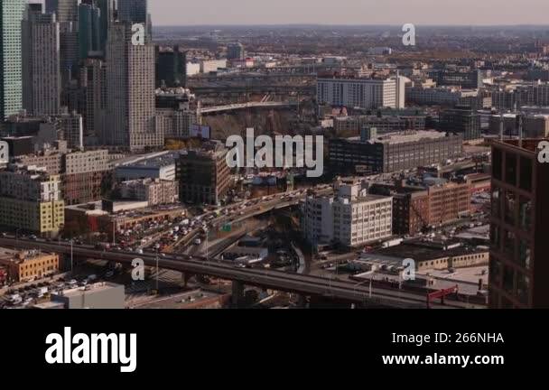 Aerial view of traffic navigating a highway interchange in Long Island ...