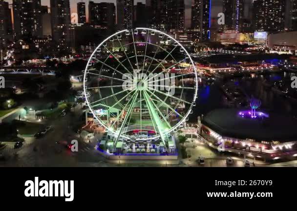 Scenic panorama of downtown Miami at night. Aerial view of downtown in ...