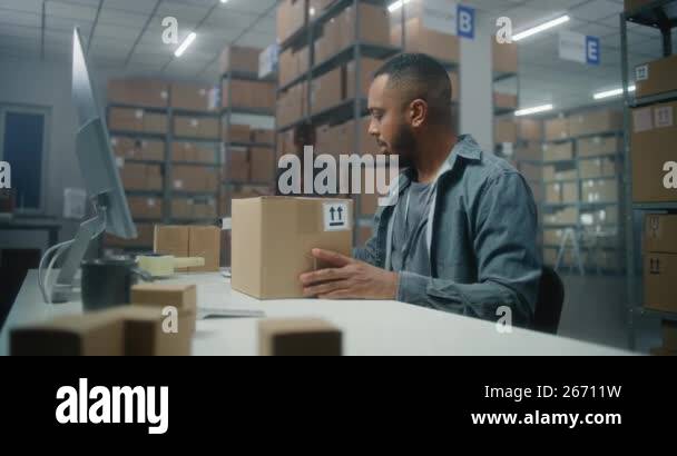 African American warehouse clerk scans parcel with barcode scanner, uses computer, works in post ...