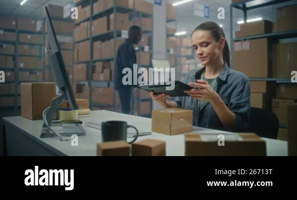 Female logistics specialist scans parcels using tablet computer, prepares for delivery, works in ...