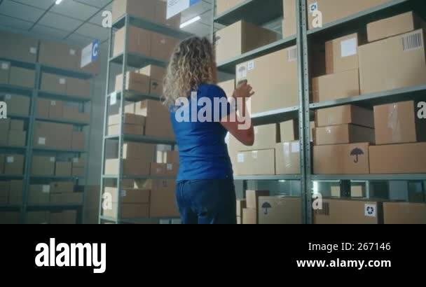 Female inventory manager or logistics coordinator scans code on cardboard box using smartphone ...