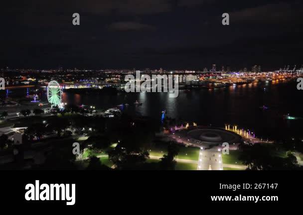 Scenic panorama of downtown Miami at night. Aerial view of downtown in ...