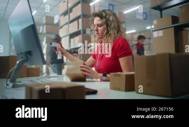 Female manager scans parcel using barcode scanner, enters data on computer. Sorting center ...