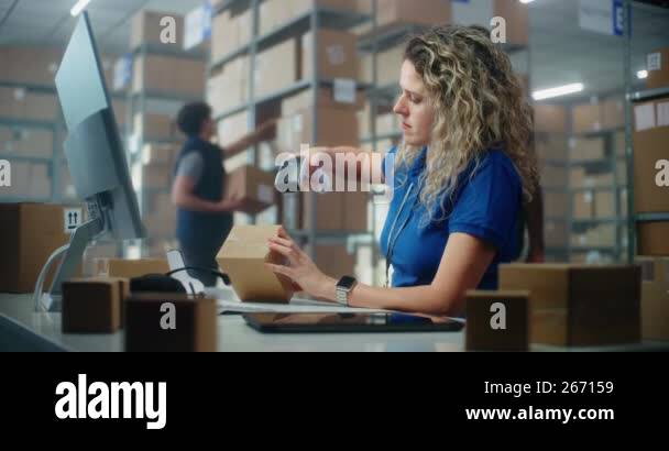 Female logistics specialist scans parcel using barcode scanner, checks ...