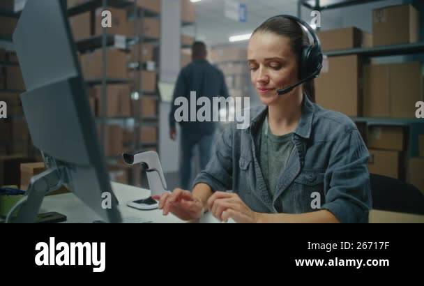 Warehouse of E-commerce online store or post office: Female customer ...