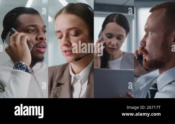 Edited Collage of Multiethnic Businesspeople Talking by Mobile Phones, Headset. Group of People ...
