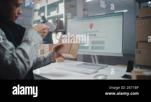 Female Inventory Manager Scans Code on Cardboard Box with Barcode Scanner, Checks Parcel ...