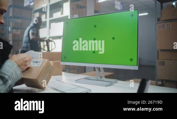 Warehouse Retail Center: Female Inventory Manager Scans Code on Cardboard Box with Scanner ...