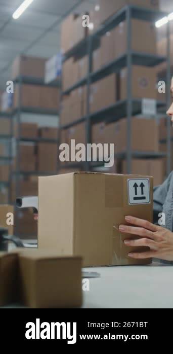 Female logistics specialist scans parcel with barcode scanner, checks ...