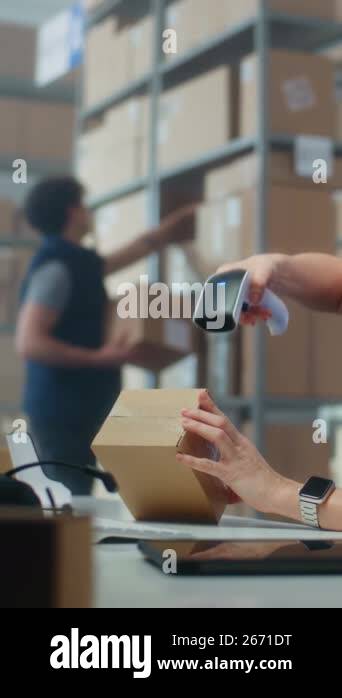 Female logistics specialist scans parcel using barcode scanner, checks data using computer ...