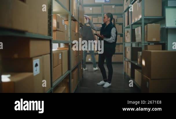 Female Warehouse Associate Scans Cardboard Boxes with E-Commerce Goods with Scanner, Checks ...