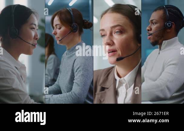 Edited Collage of Multicultural Businesspeople Talking by Headsets with Clients. Group of People ...