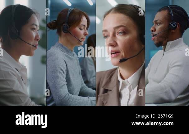Edited Collage of Multiethnic Businesspeople Talking by Headsets with ...