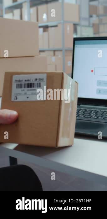 Logistics Specialist Scans Code on Cardboard Box with Scanner, Monitors ...