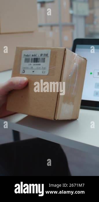 Postal Service Employee Scans Code on Cardboard Box with Scanner, Checks Parcel Information ...