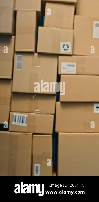 Portrait of Crazy Female Warehouse Employee Pushing Cardboard Boxes ...