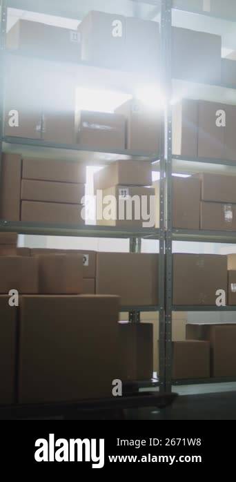 African American Sorting Center Employee Unloads Pallet Truck with Cardboard Boxes, Puts on ...