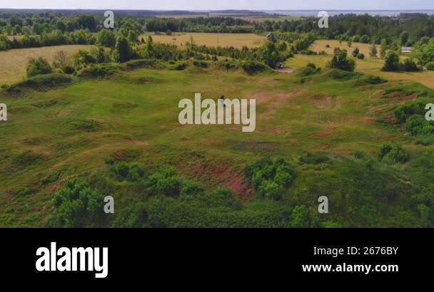 Aerial view of ancient Muhu country castle, rampart surrounding a round ...