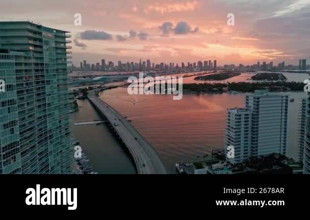 Aerial view of beautiful Miami Beach city at night. Drone shot of Miami ...